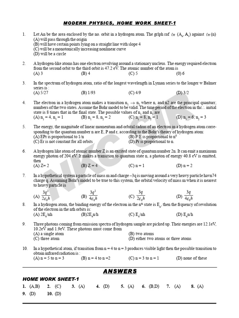 ModernPhysics HomeWorkSheet-1 | PDF | Atoms | Electron