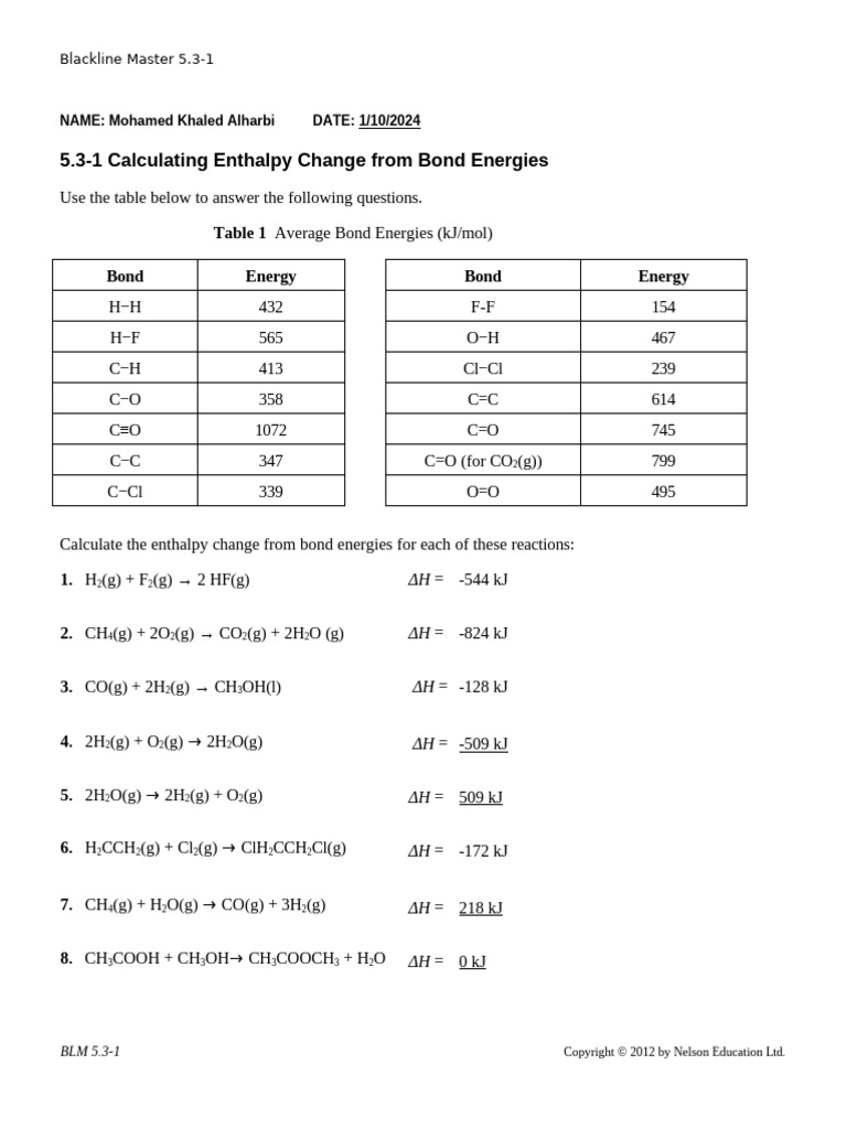 Worksheet On Calculating Bond Energies | PDF