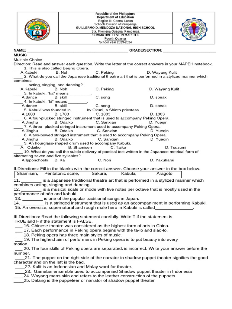 4th Q Summative Mapeh 8 Music and Health | PDF | Theatre | Puppets