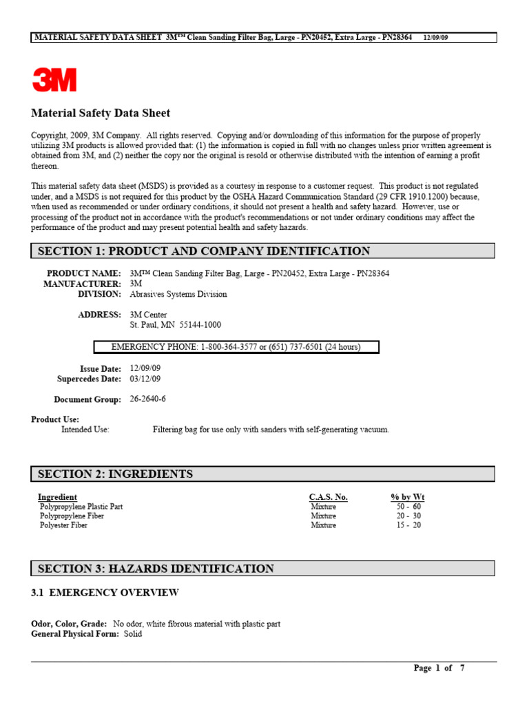 3m 051141 20452 Clean Sanding Filter Bag | PDF | Waste | Hazardous Waste