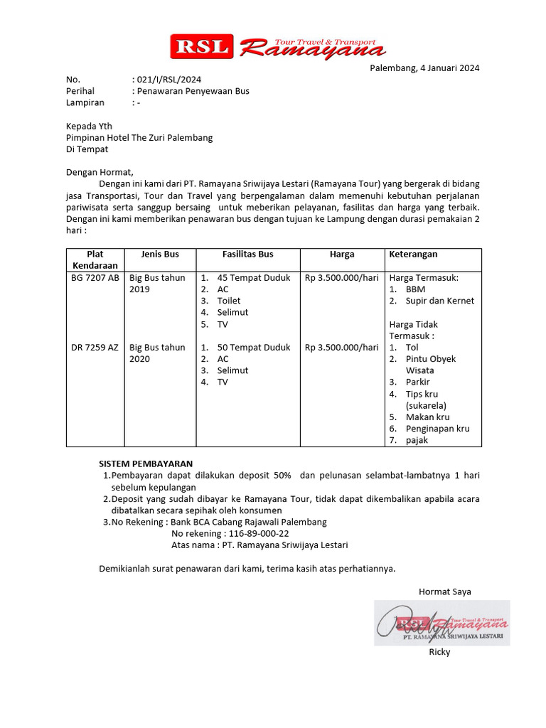 Penawaran Penyewaan Bus (The Zuri 2024) | PDF