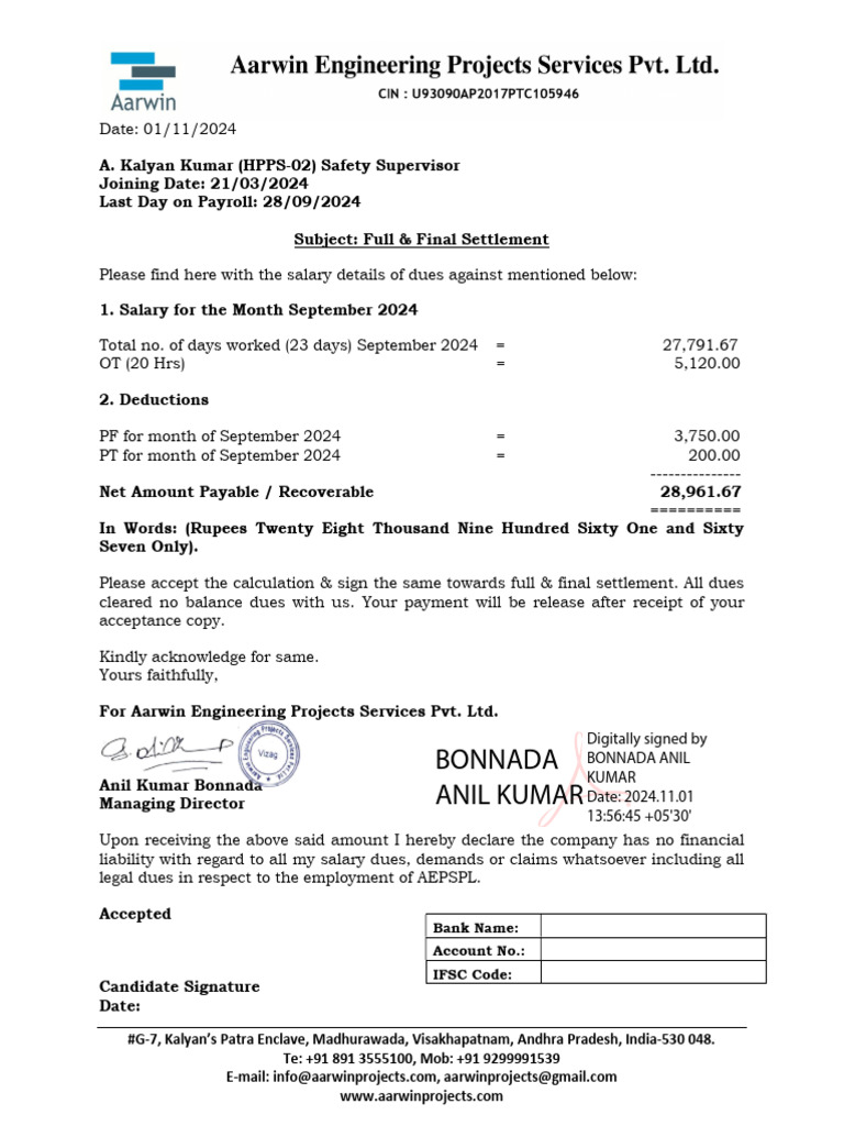 Employee Final Settlement Notice | PDF