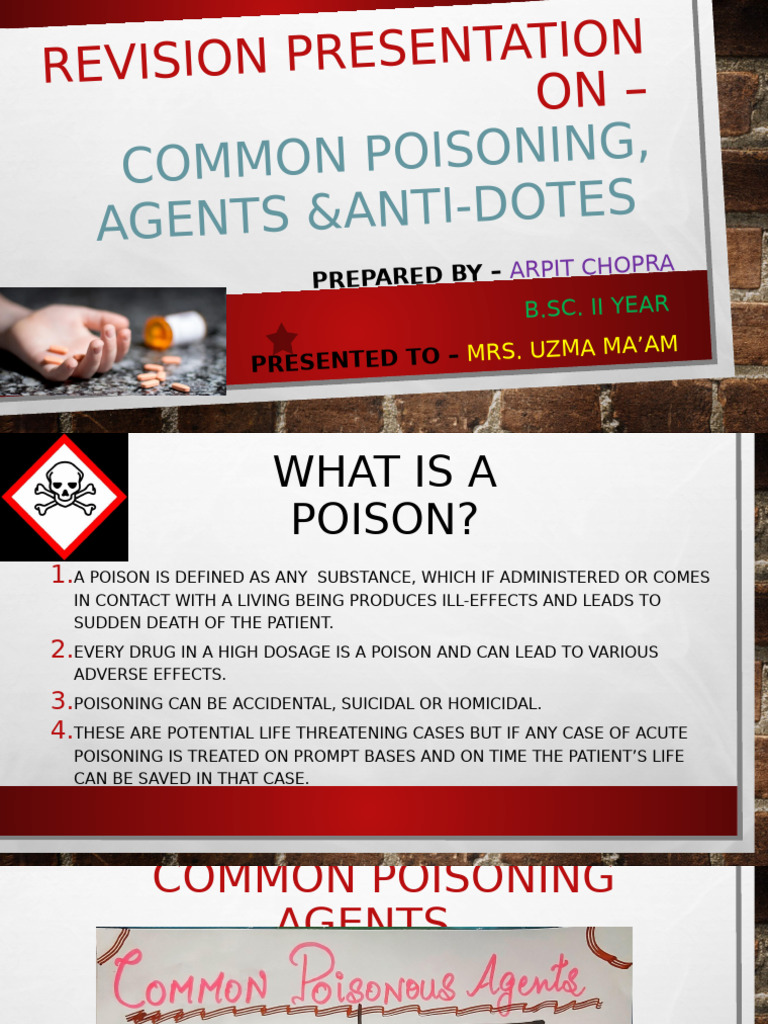 Poisonous Agents & Their Anti-Dotes | PDF | Dose (Biochemistry) | Chemistry