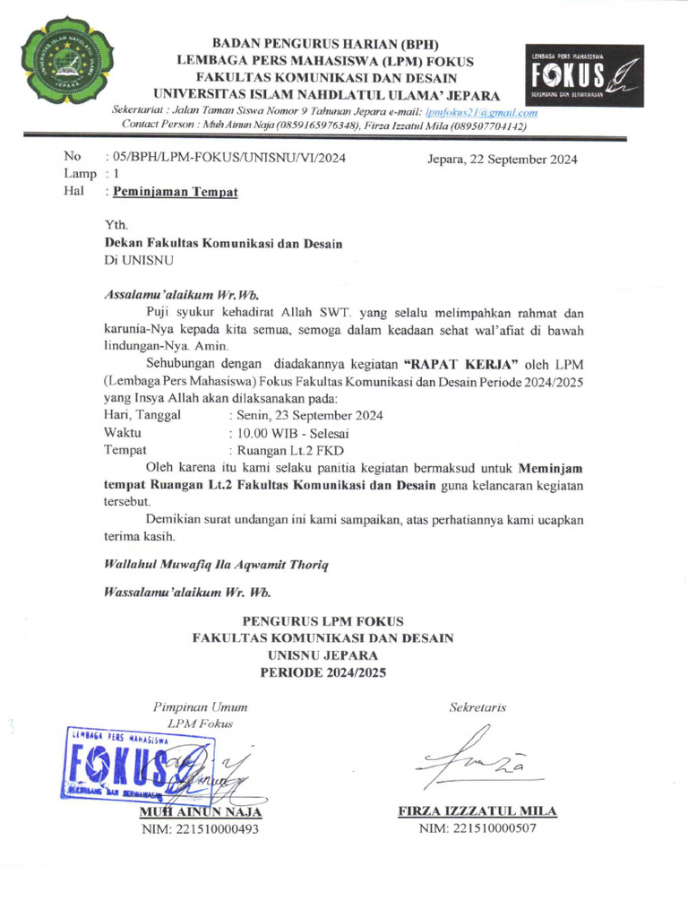 Surat Pinjam Tempat LPM FOKUS | PDF