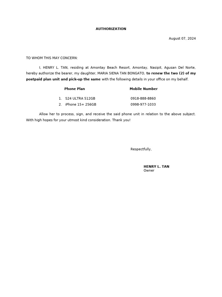 Authorization To Pick Up Plan Unit S24 IPHONE 15+ | PDF