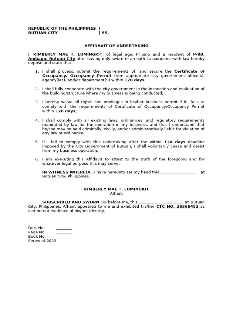 Affidavit of Undertaking | PDF | Affidavit | Justice