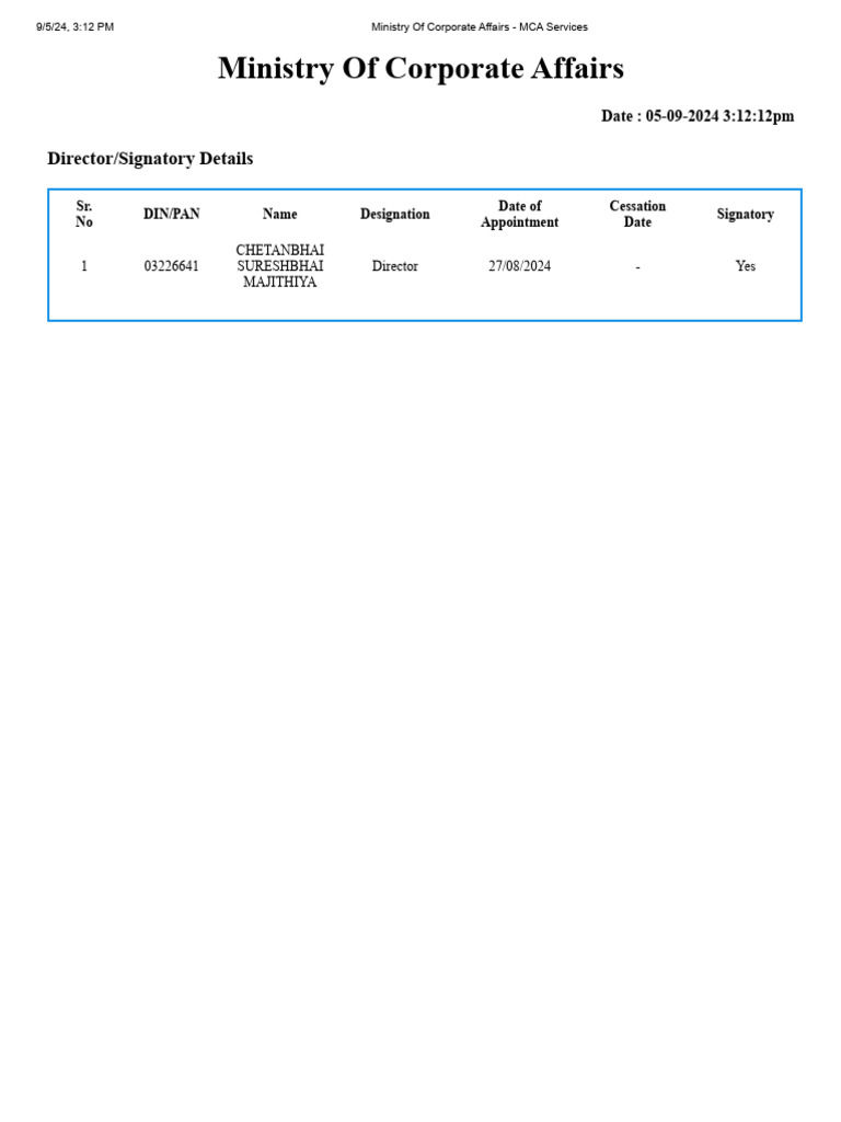Ministry of Corporate Affairs - MCA Services. | PDF