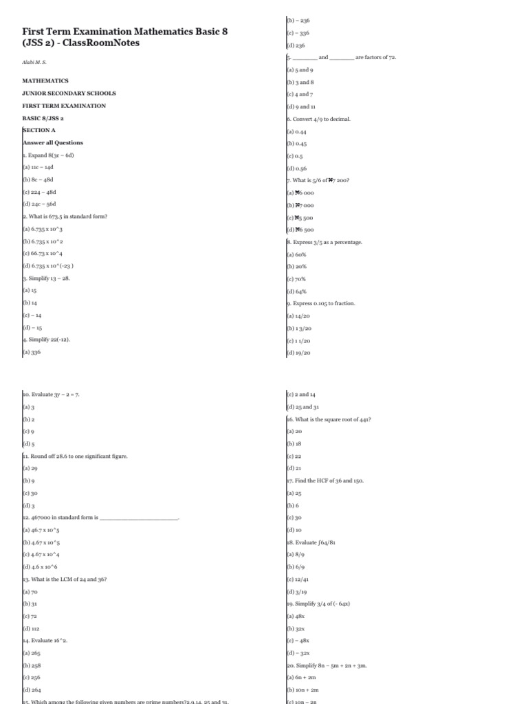JSS 2 First Term Math Exam Questions | PDF | Odds | Mathematics