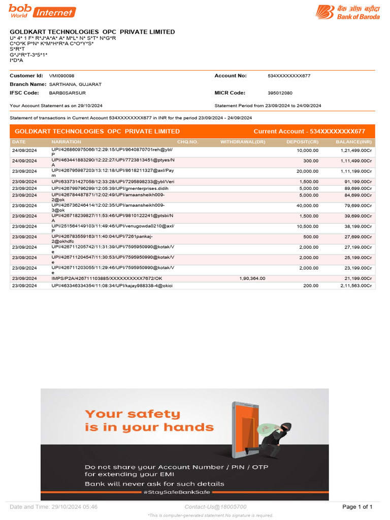 Current Account - 534XXXXXXXX677 Goldkart Technologies Opc Private ...