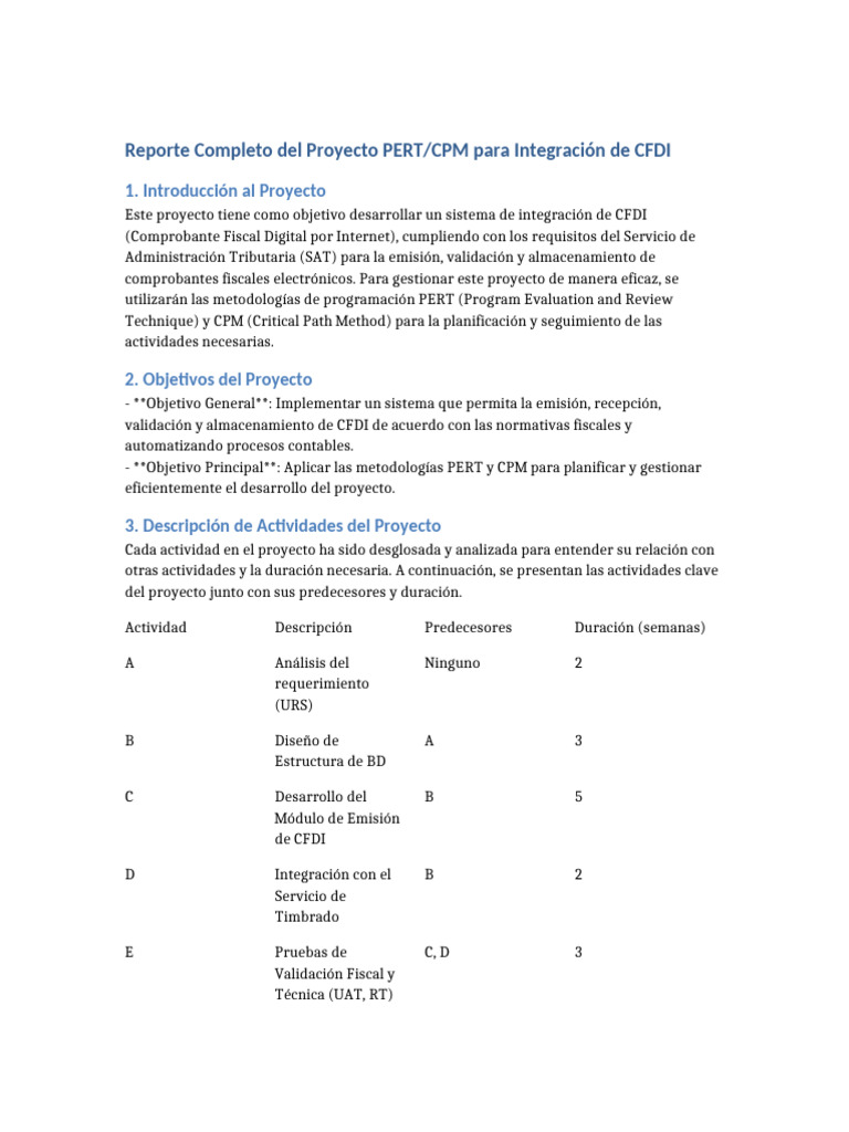 Reporte Proyecto PERT CPM CFDI | PDF | Informática