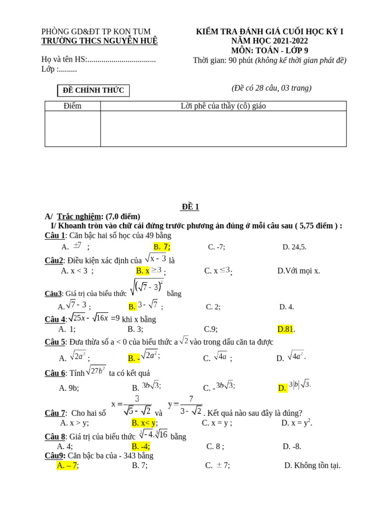De KTDG CUoI HKI TOaN 9 NH 21-22 96502eaf0a | PDF