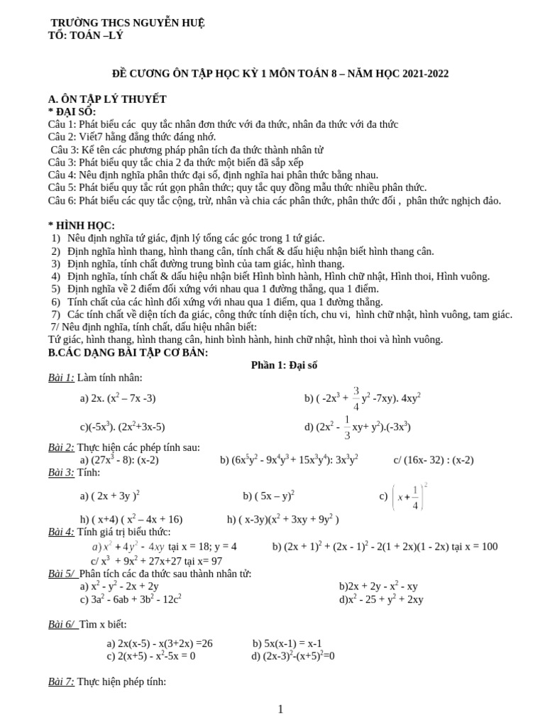 De Cuong On Tap Hoc Ky 1 | PDF