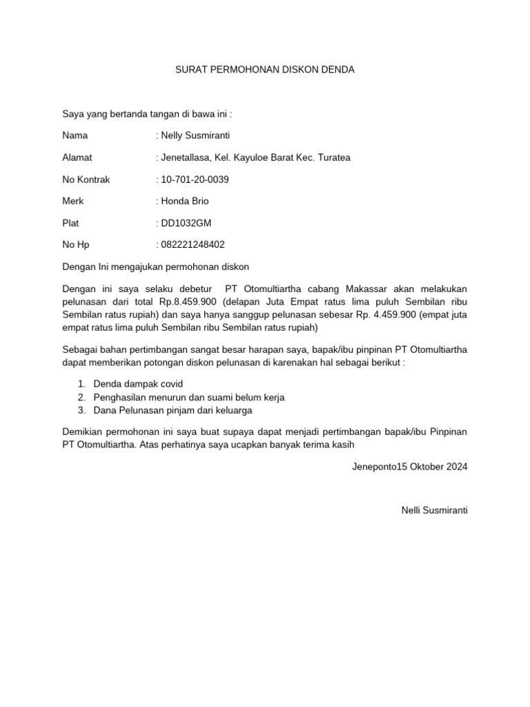 Surat Permohonan Diskon Denda | PDF