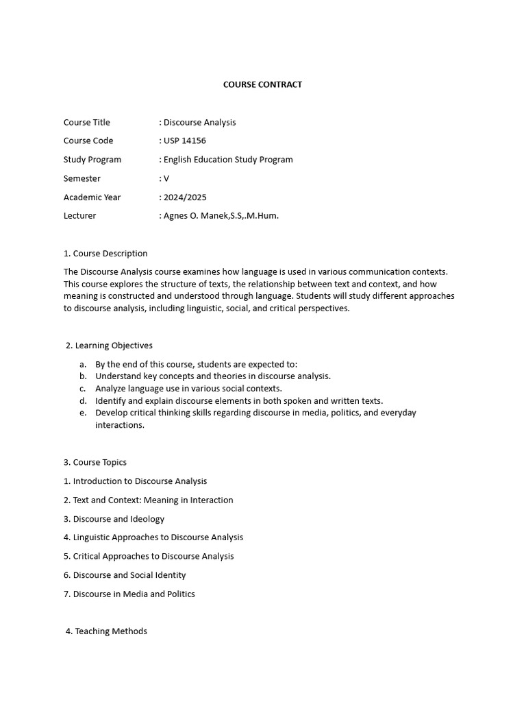 COURSE CONTRACT DISCOURSE ANALYSIS-1 | PDF | Discourse | Linguistics