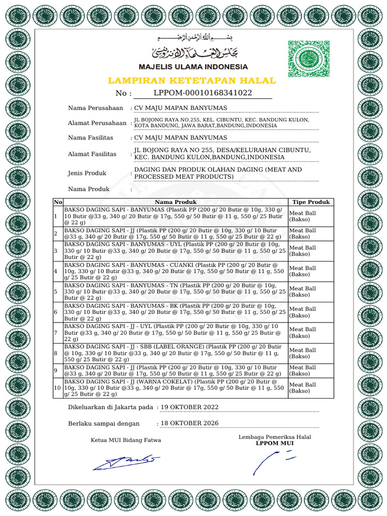Bakso Sapi Banyumas: Produk Halal MUI | PDF