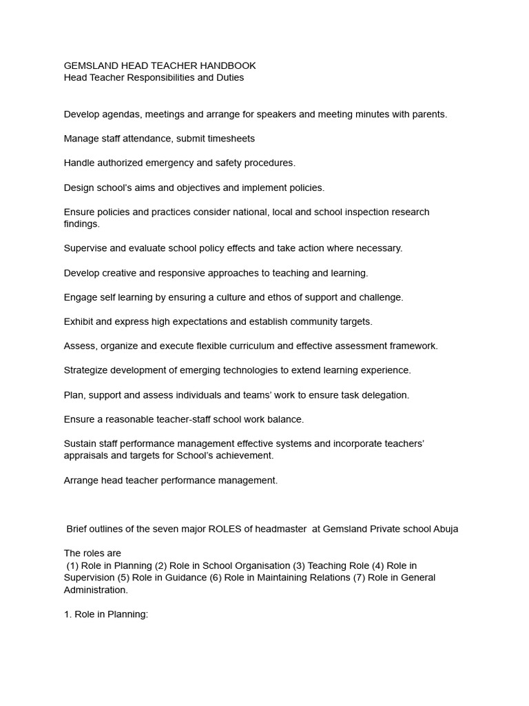 Gemsland Head Teacher Handbook | PDF | Teachers | Policy