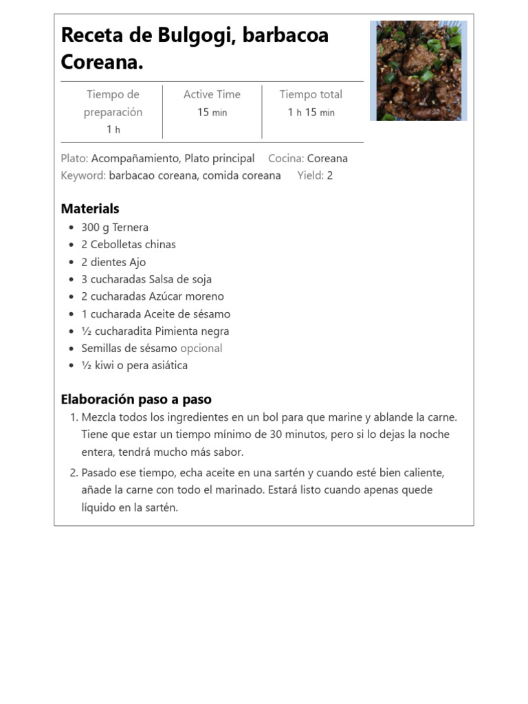 Receta de Bulgogi, Barbacoa Coreana. - Bea Orviz Tjiang | PDF | Ciencia ...