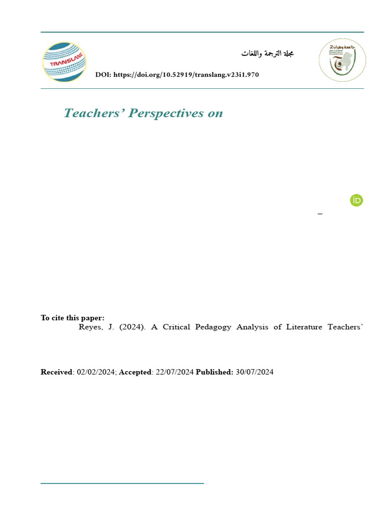 A Critical Pedagogy Analysis of Literature Teachers' Perspectives On ...