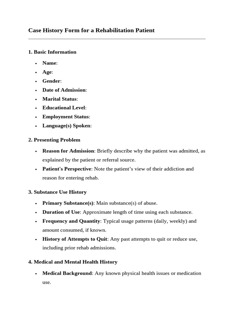 Rehabilitation Patient Case History Form | PDF | Drug Rehabilitation ...