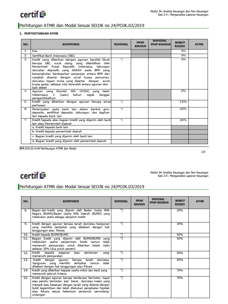 BPR.034.S2-4.H4 ATMR Dan Perhitungan Modal - POJK 5-POJK-03-2015 | PDF