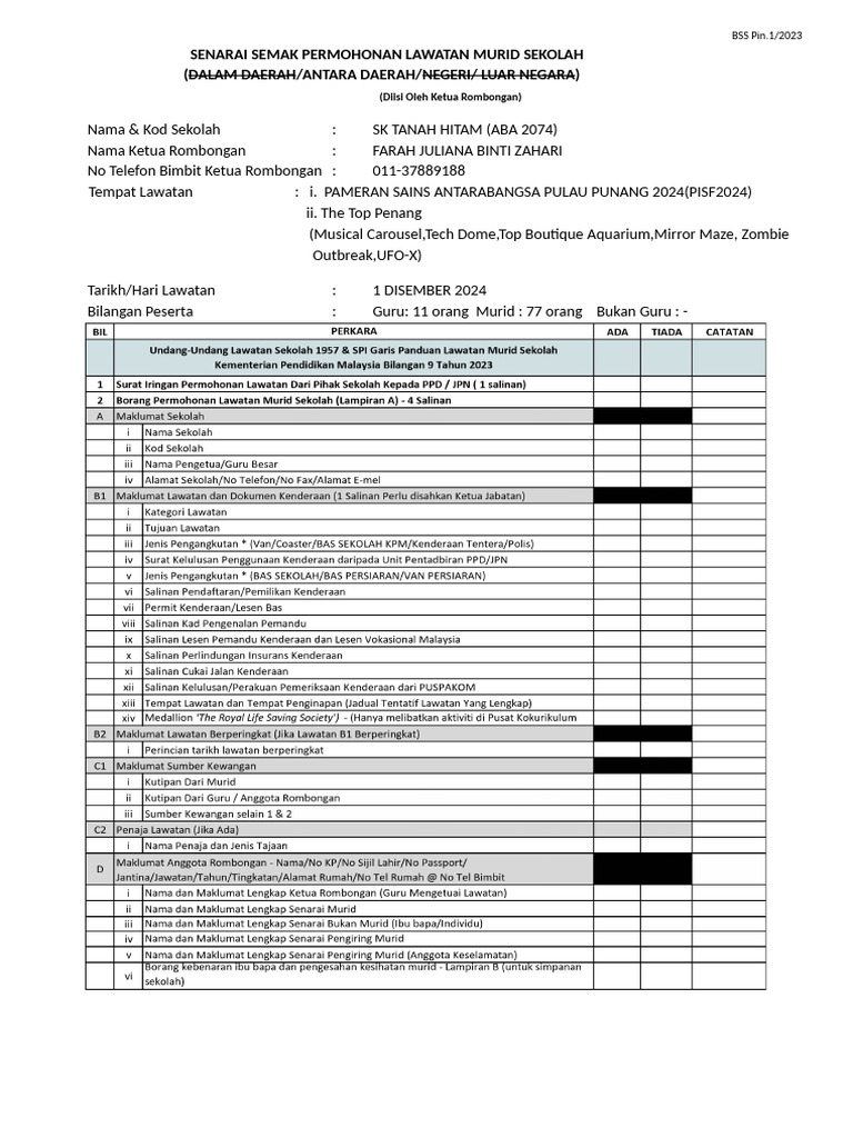 Senarai Semak Lawatan Murid | PDF