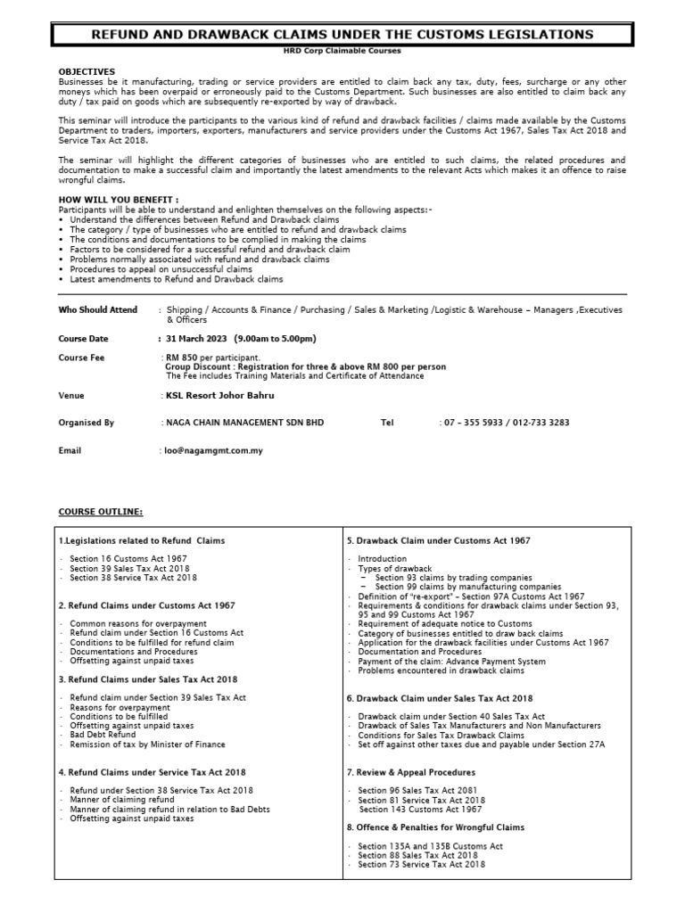 Refund & Drawback Claims Under The Customs - Legislations (31mar 2023 ...