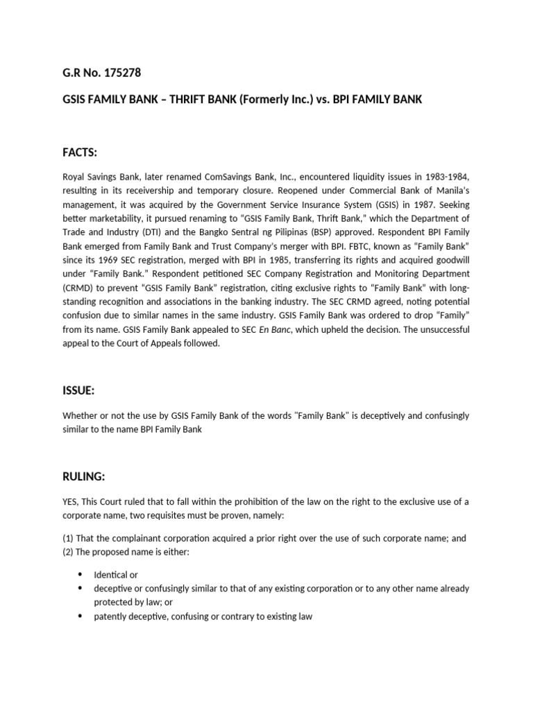 GSIS vs. BPI Family Bank Name Dispute | PDF | Banks | Justice