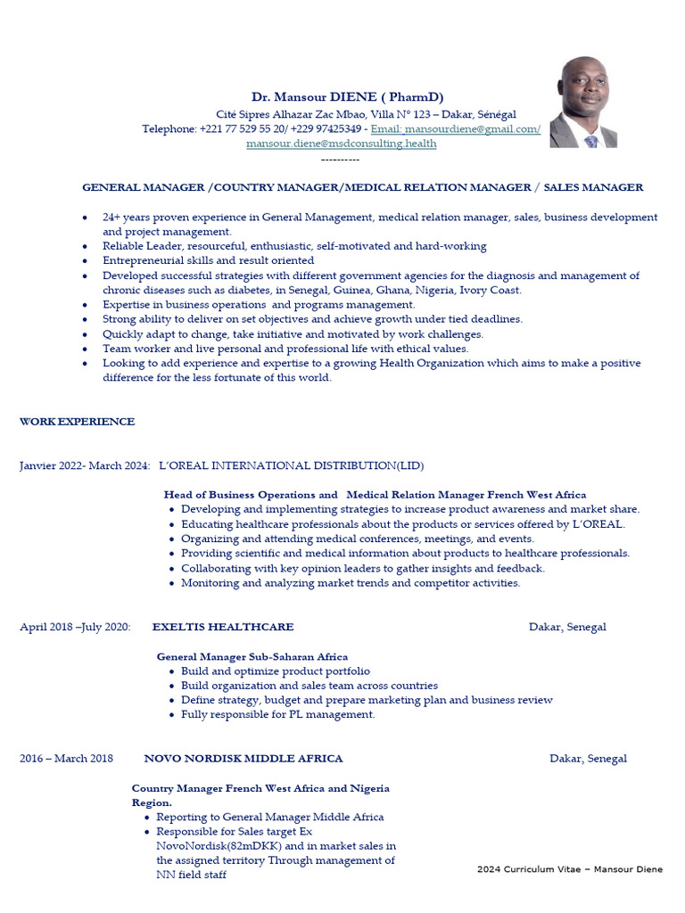 Mansour Diene's CV: Pharma & Management Expert | PDF | Health Care | Medicine