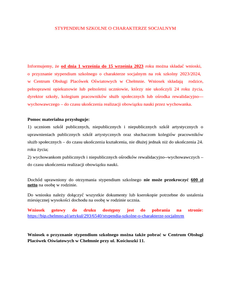 Informacja Stypendium Szkolne 2023 2024 | PDF