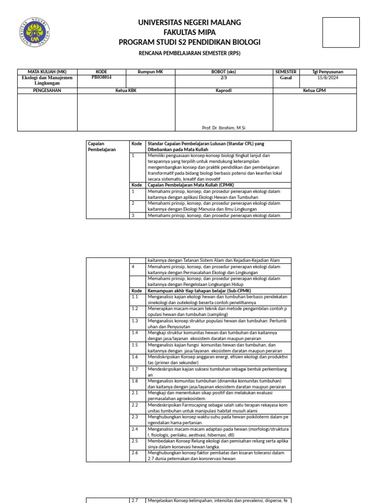 RPS Ekologi Dan Manajemen Lingkungan 2024 | PDF