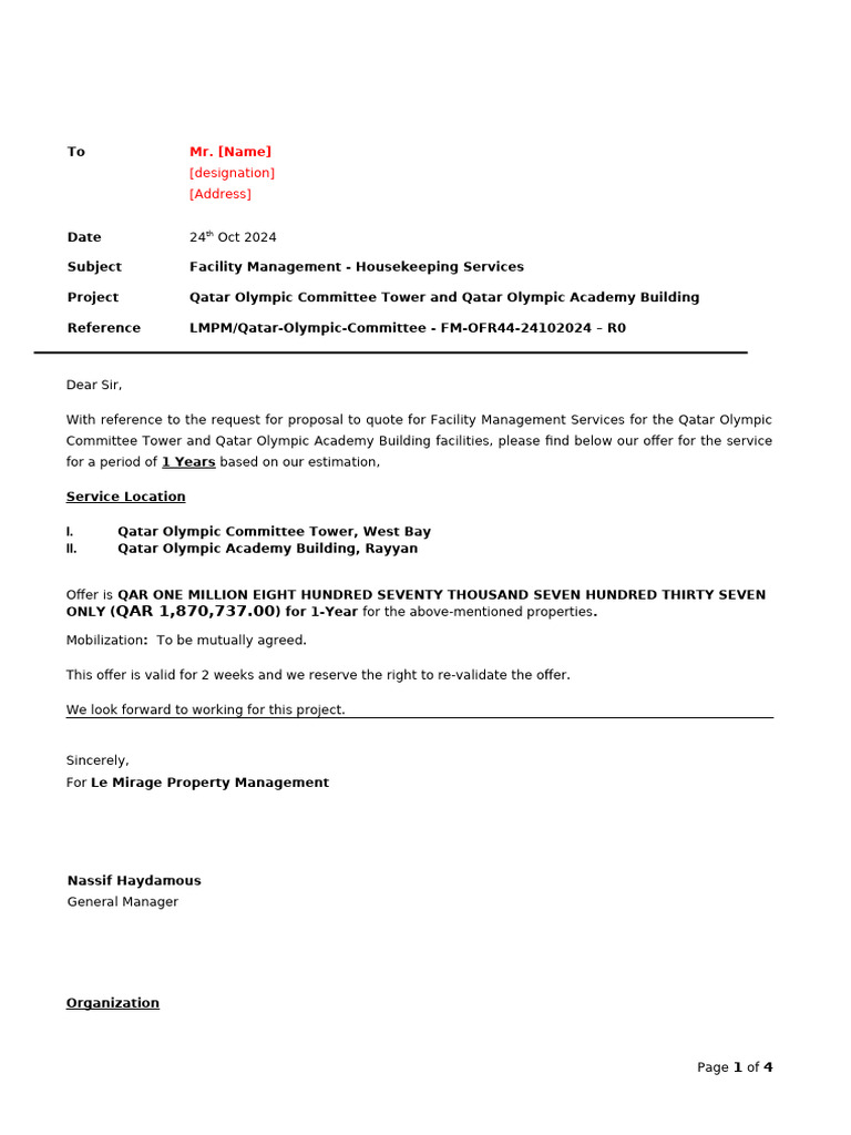 Qatar Olympic Committe - Poposal - Housekeeping - Proposal 1 | PDF | Housekeeping