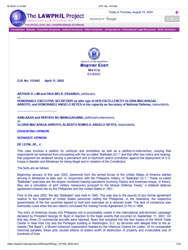 Arthur Lim v. Executive Secretary GR No. 151445 April 11, 2002 | PDF ...