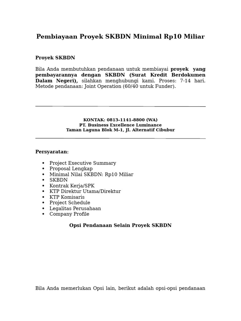 Pembiayaan Proyek SKBDN Minimal Rp10 Miliar | PDF