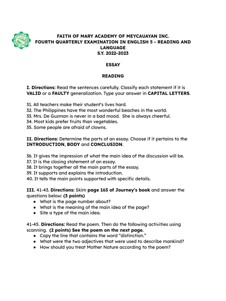 Essay - English Reading 5 - Fourth Quarter Exam 2022-2023 | PDF | Adverb | Essays