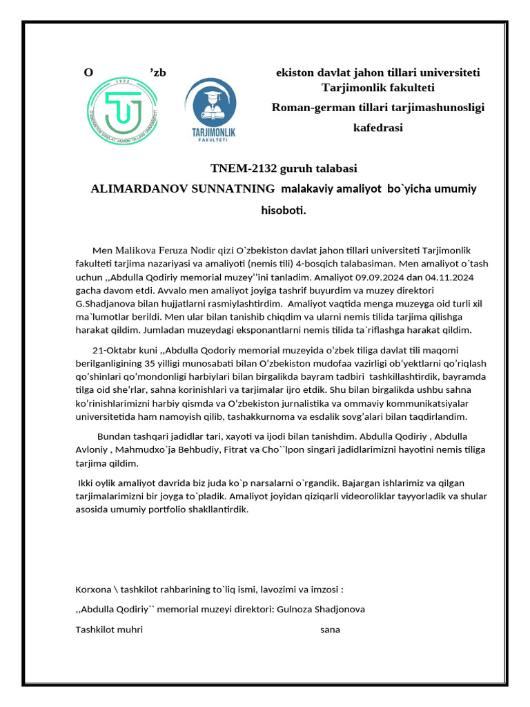 Umumiy Hisobot Chala | PDF