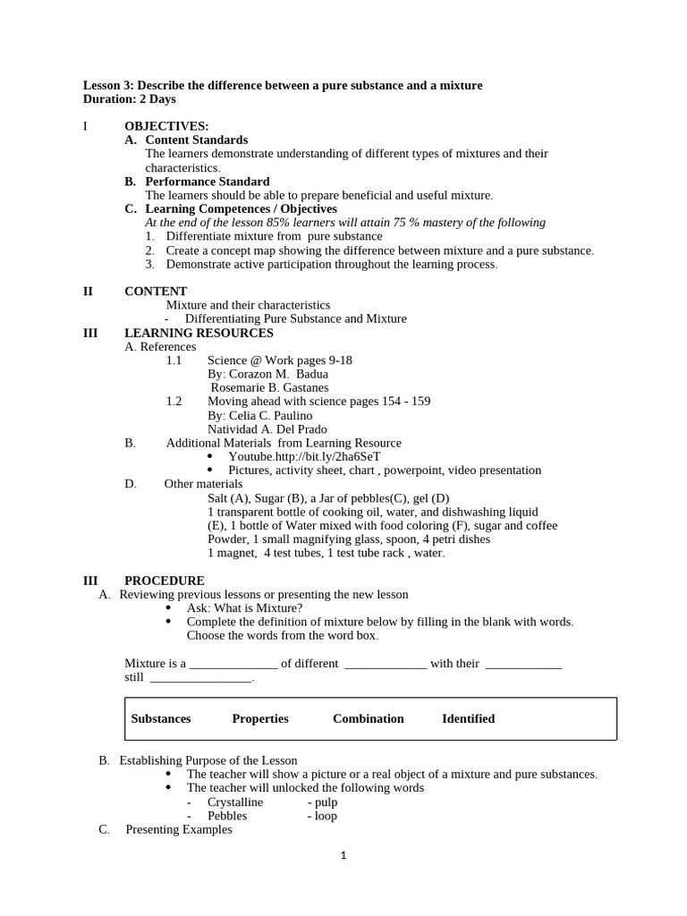 1st Quarter Lesson 3 Describe The Difference Between A Pure Substance and A Mixture | PDF ...