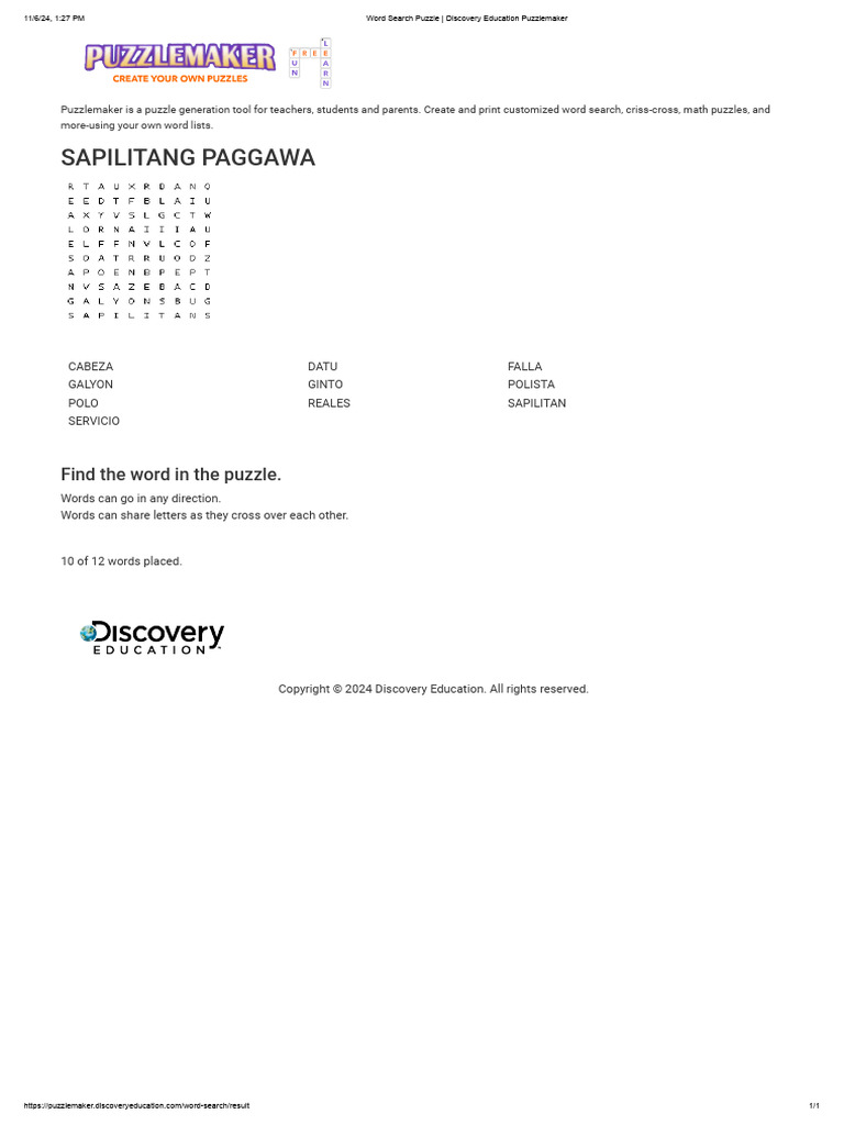 Word Search Puzzle - Discovery Education Puzzlemaker | PDF