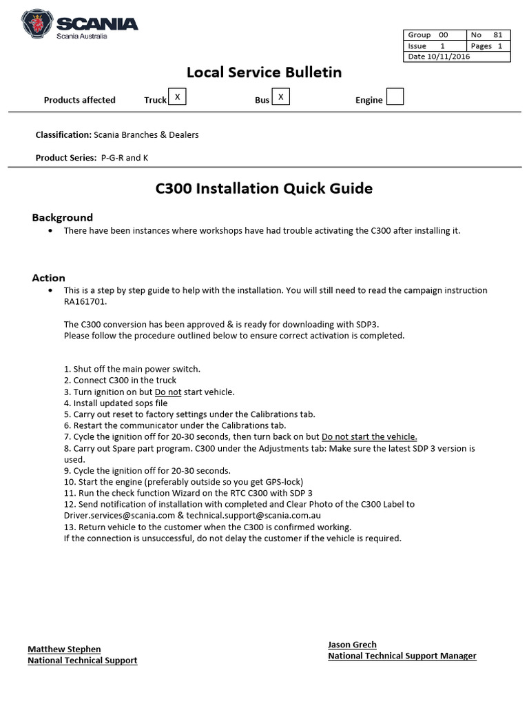 C300 Installation Quick Guide for Scania | PDF | Technology & Engineering
