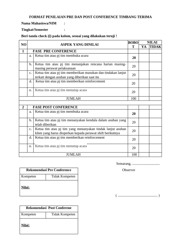 Format Penilaian Pre Dan Post Conference Dan Timbang Terima | PDF