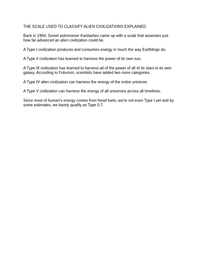 The Scale Used To Classify Alien Civilizations | PDF