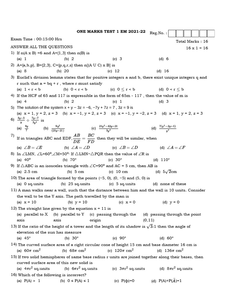 10th Grade Maths One Mark Test 2021-22 | PDF | Circle | Sphere