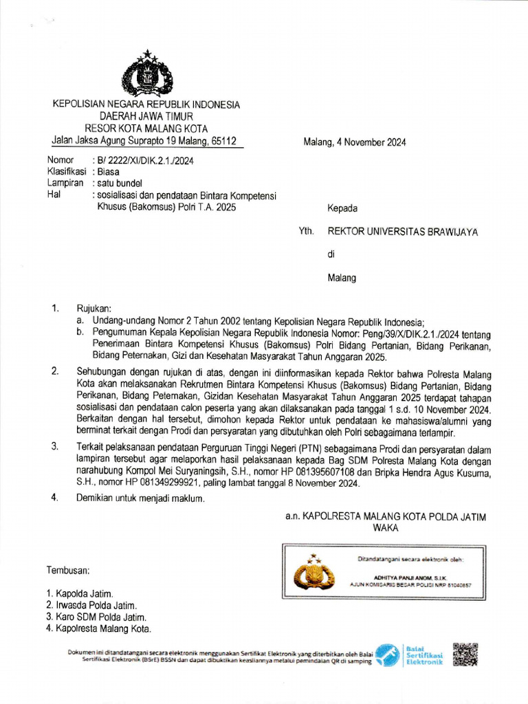 Sosialisasi Dan Pendataan Bintara Kompetensi Khusus (Bakomsus) Polri T.A. 2025 | PDF