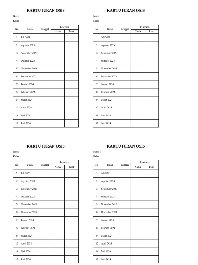 Contoh Form Kartu Iuran Osis | PDF