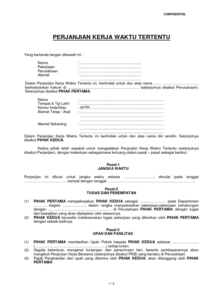 Contoh PKWT (Perjanjian Kerja Waktu Tertentu) | PDF