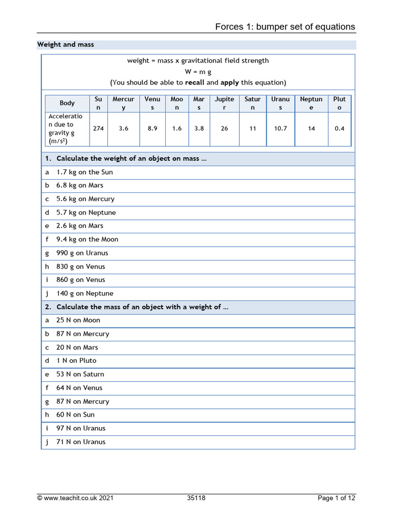 Forces 1 Bumper Set Equations Teachit 35118 | PDF | Pressure | Planets ...