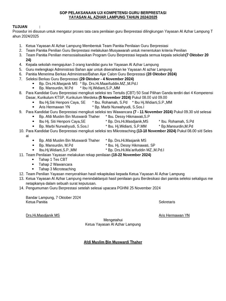Sop Pelaksanaan Uji Kompetensi Guru Berdedikasi 2024 | PDF