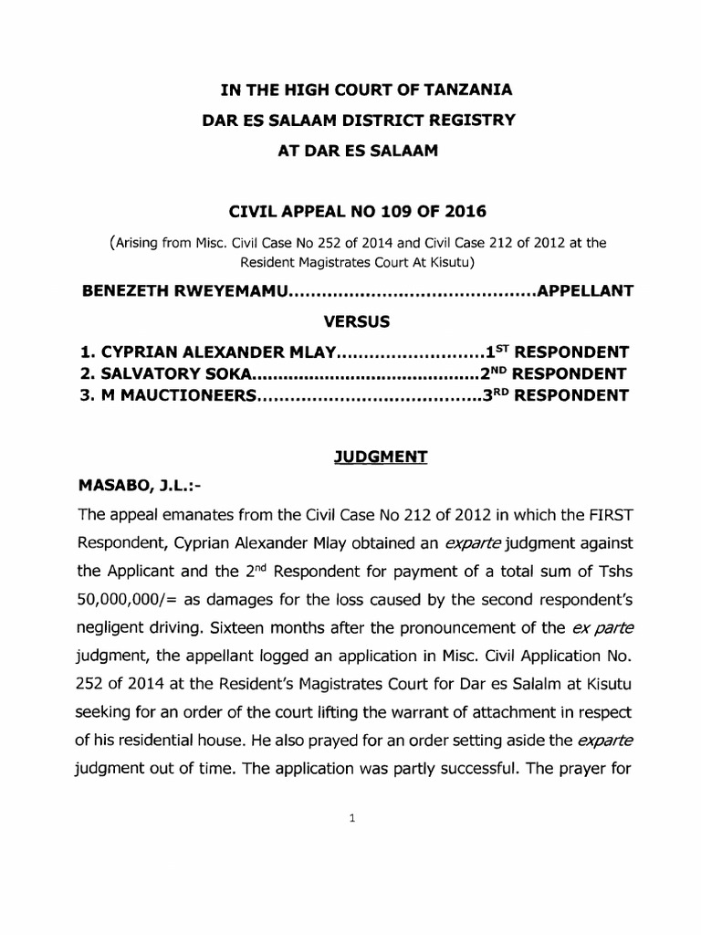 Benezeth Ryemamu Vs Cyprian Alexander Mlay and Others (Civil Appeal 109 of 2016) 2020 TZHC 2066 ...