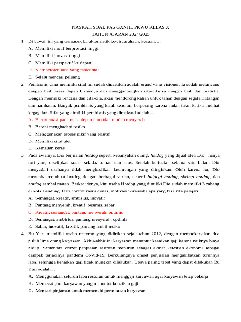 Naskah Soal Pas Ganjil Pkwu Kelas X 2425 | PDF
