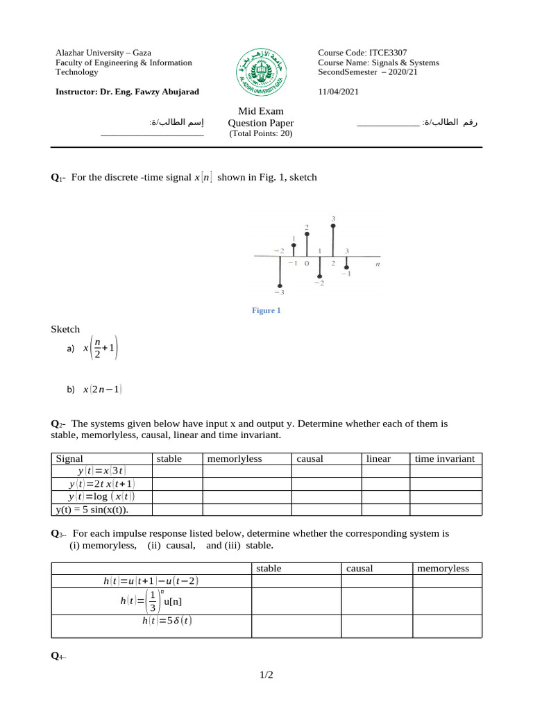 Signals & Systems Mid Exam Paper | PDF