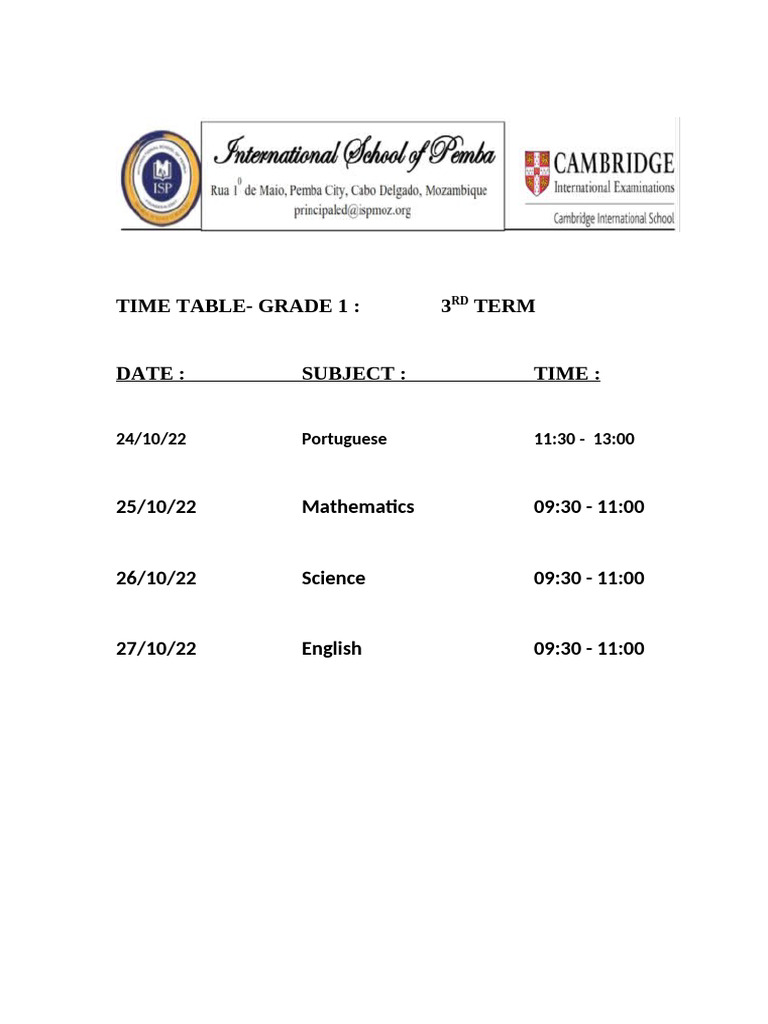 Grade 1 3rd Term Exam Schedule 2022 | PDF